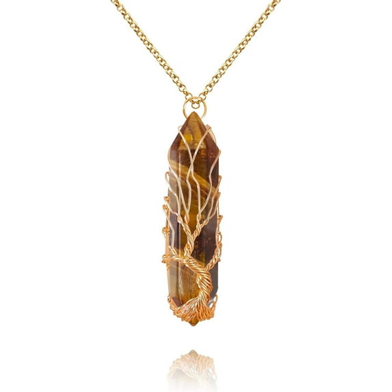 Healing Crystal Necklace Tree of Life Wire Wrapped Natural Stone Point ...