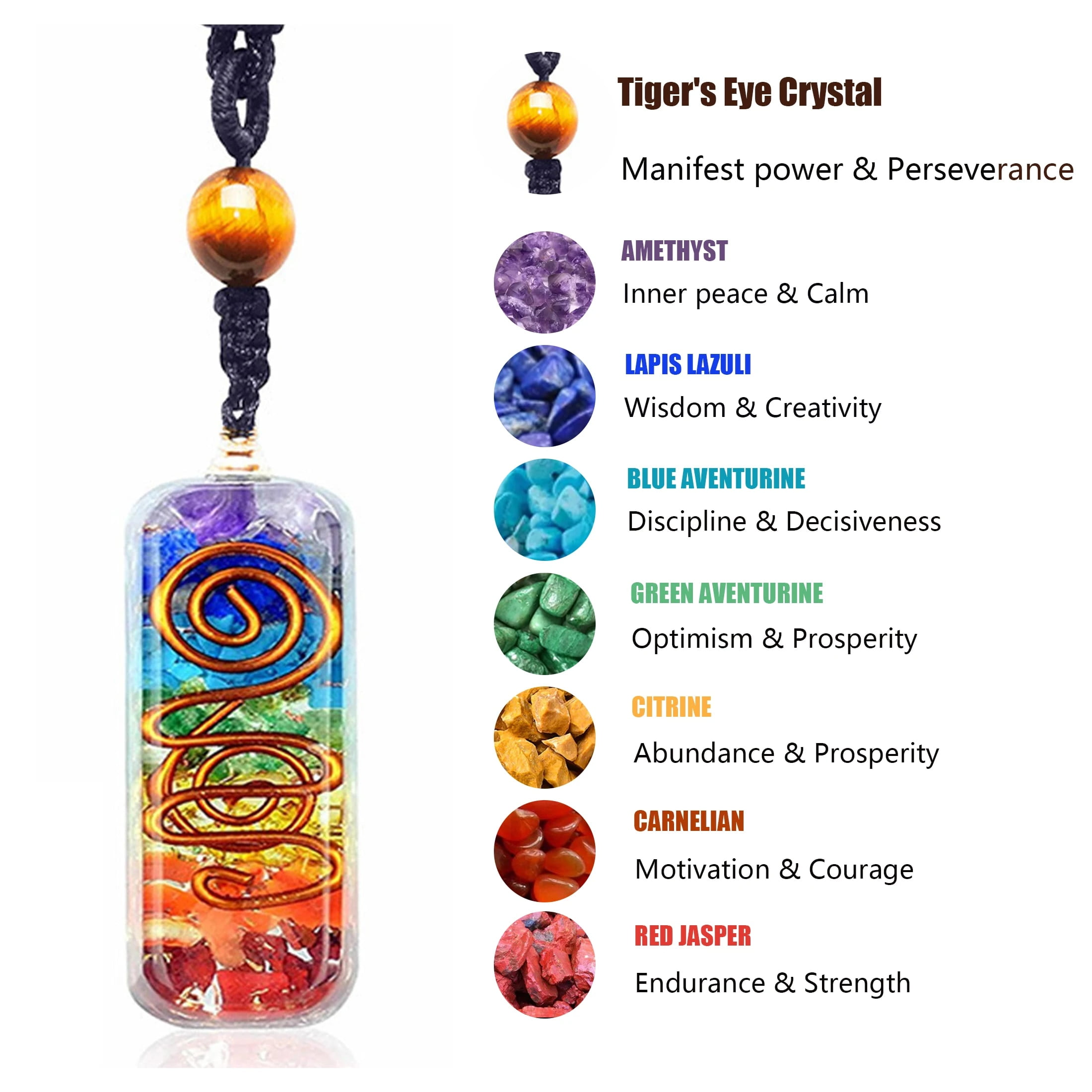 Unisex Healing Crystal Necklace with Seven Chakra Stones, Tiger Eye ...
