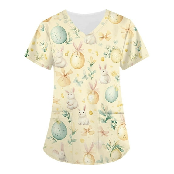 Healing Hands Scrub Top，Easter Scrub Tops Women Bunny Egg Hunt Print ...