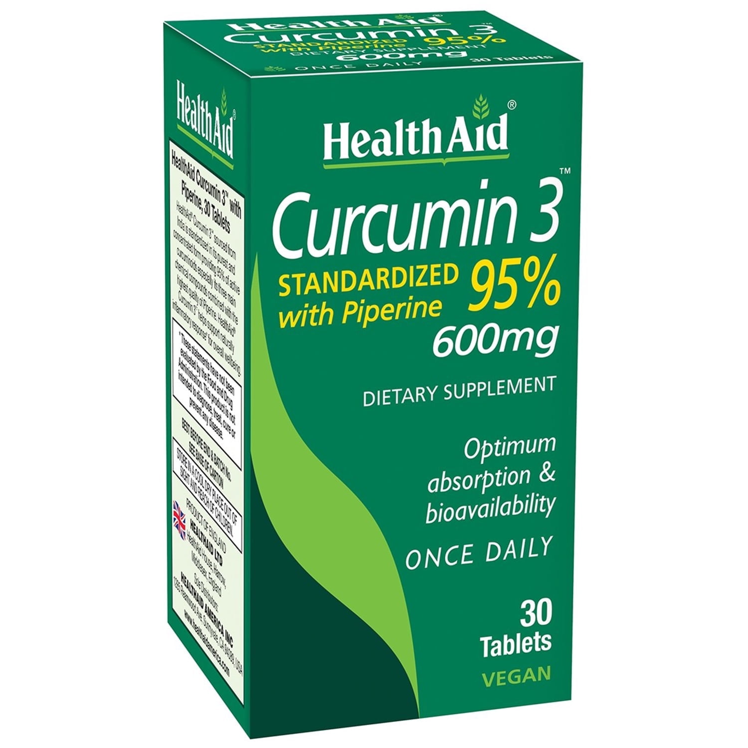 Health Aid Curcumin 3 600 mg, Standardized with Piperine 95% , 30 Vegan ...