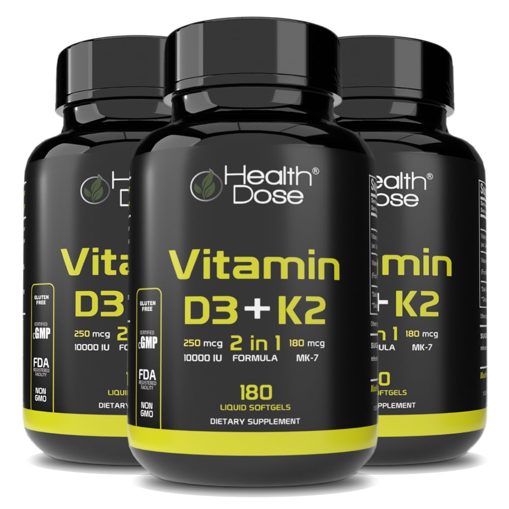 (3 pack) Health Dose Vitamin D3 + K2 10.000 IU With K2 MK-7 with D3 Vitamin Supplement, 2 in 1 ...