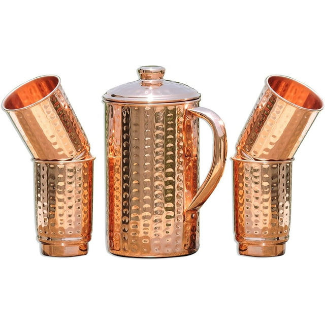HealthGoodsIn - Pure Copper Hammered Pitcher with 4 Copper Tumblers ...