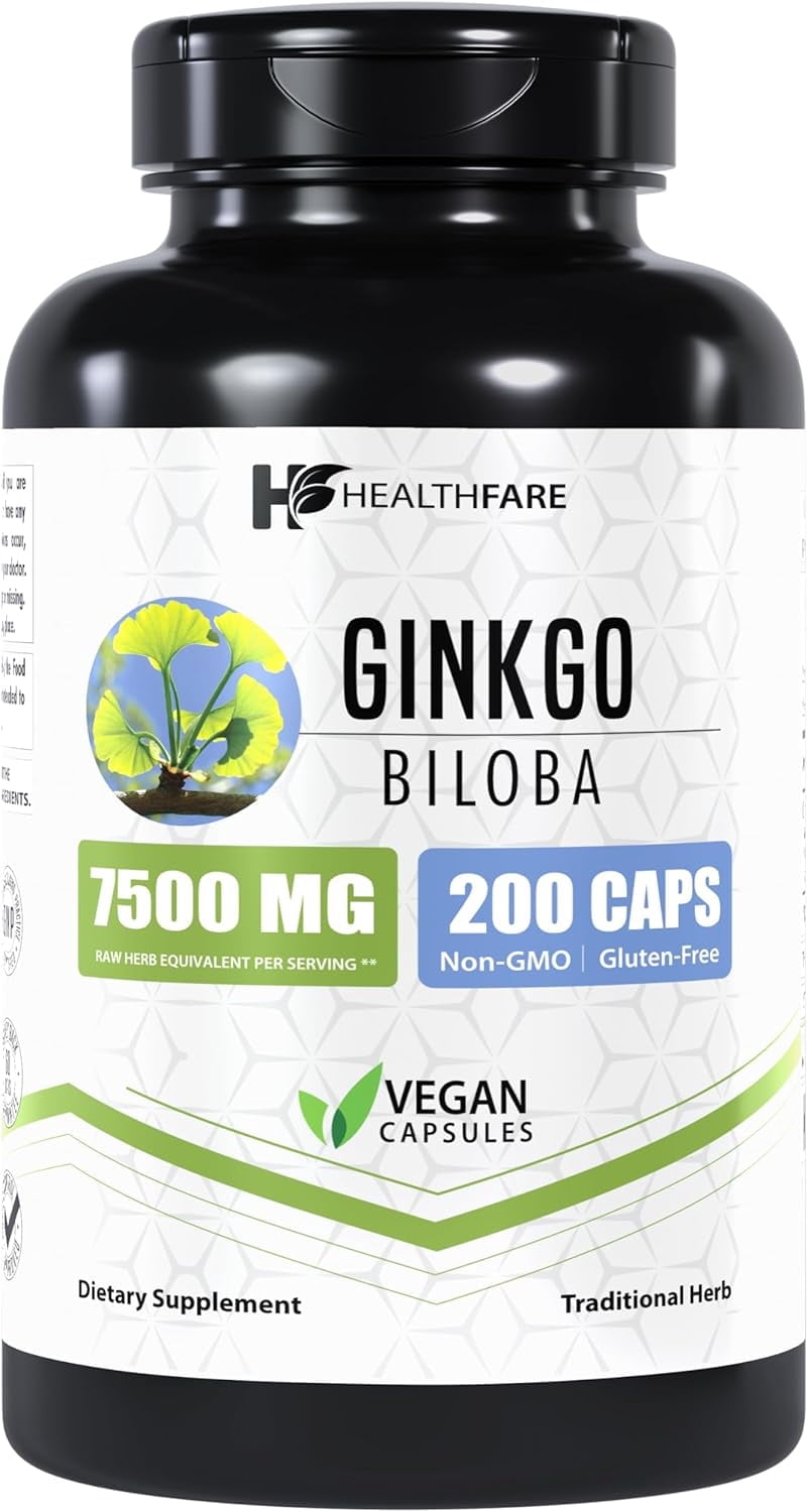 HealthFare Ginkgo Biloba Supplements, Extract 7500mg | 200 Veg Capsules ...