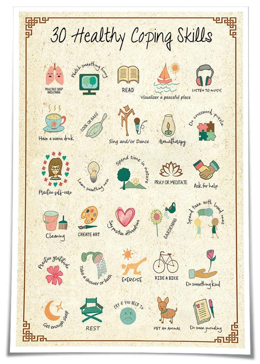Healthy Coping Skills Wall Art Motivating Chart Poster Vintage Mental ...
