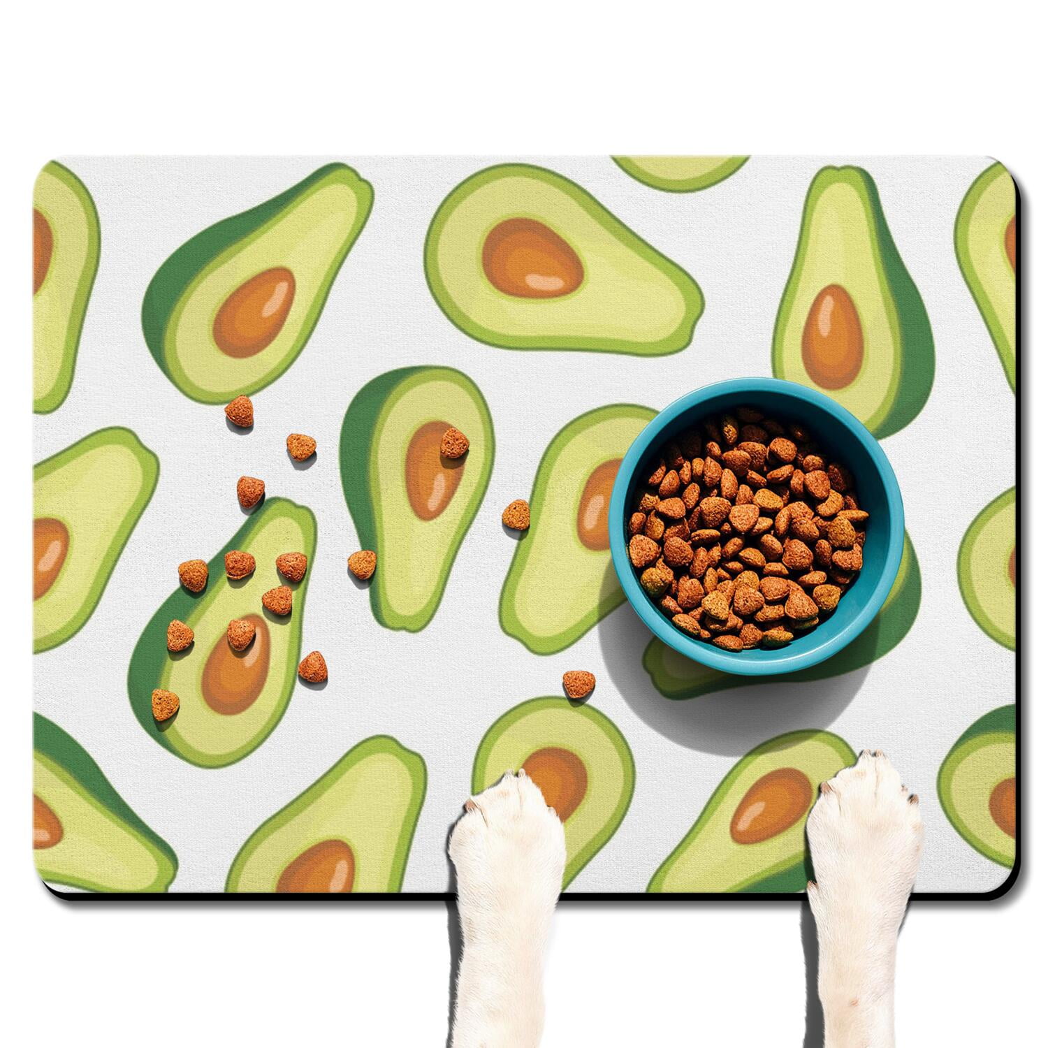 Healthy Green Avocado Dog Bowl Mat - Washable Absorbent Pet Placemat with Non-Slip Bottom, Cute ...