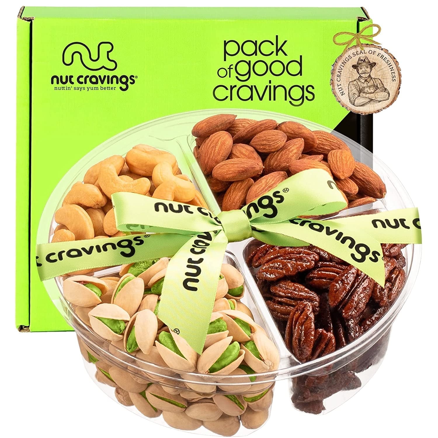 Nut Cravings Healthy Nut Gift Basket Platter, Green Ribbon, 4-Section ...