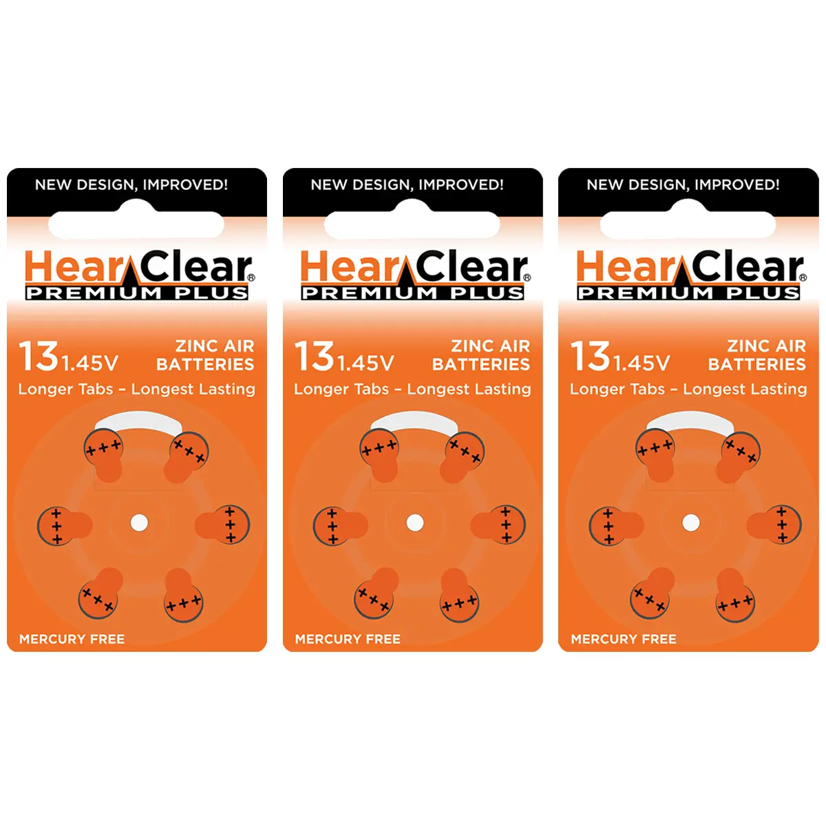 HearClear Size 13 Zinc Air 1.45V Hearing Aid Batteries Orange Tab (18 ...