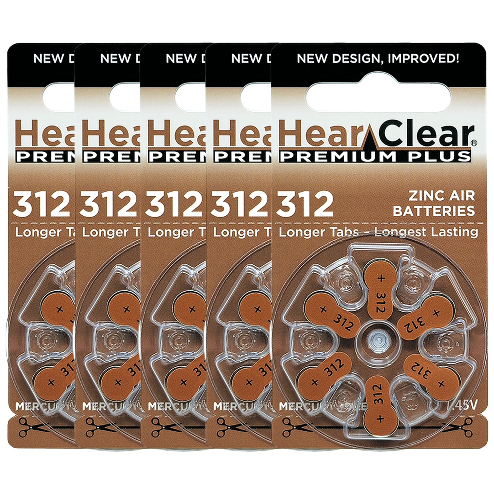 HearClear Size 312 Zinc Air Hearing Aid Batteries, 1.45V, Brown Tab, 30 ...