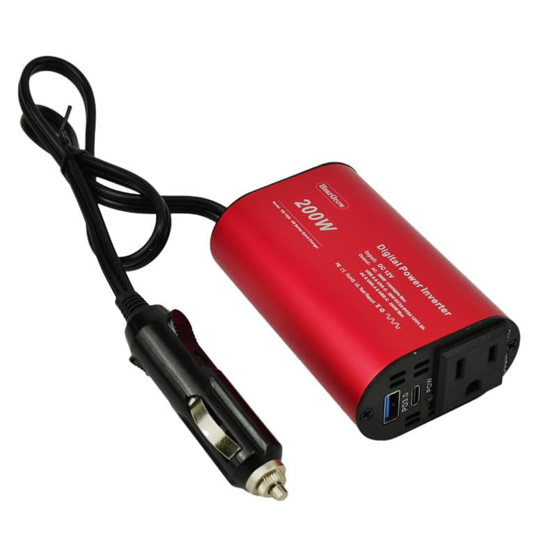 HearGrow 200W Red Car Power Inverter Adapter DC 12V to AC 110V PD 20W ...