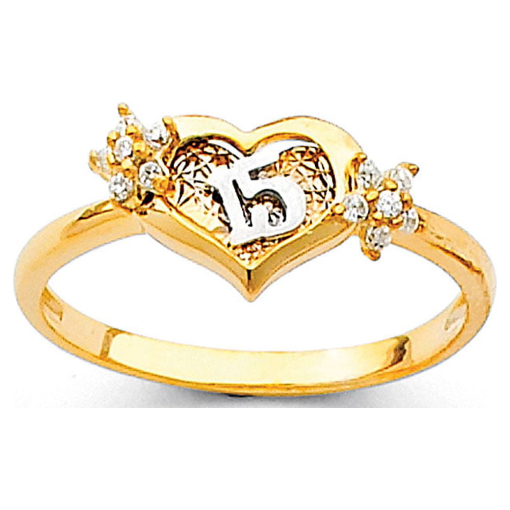 Heart 15 Quince Ring Solid 14k Yellow Gold Quinceanera Band CZ Flowers ...