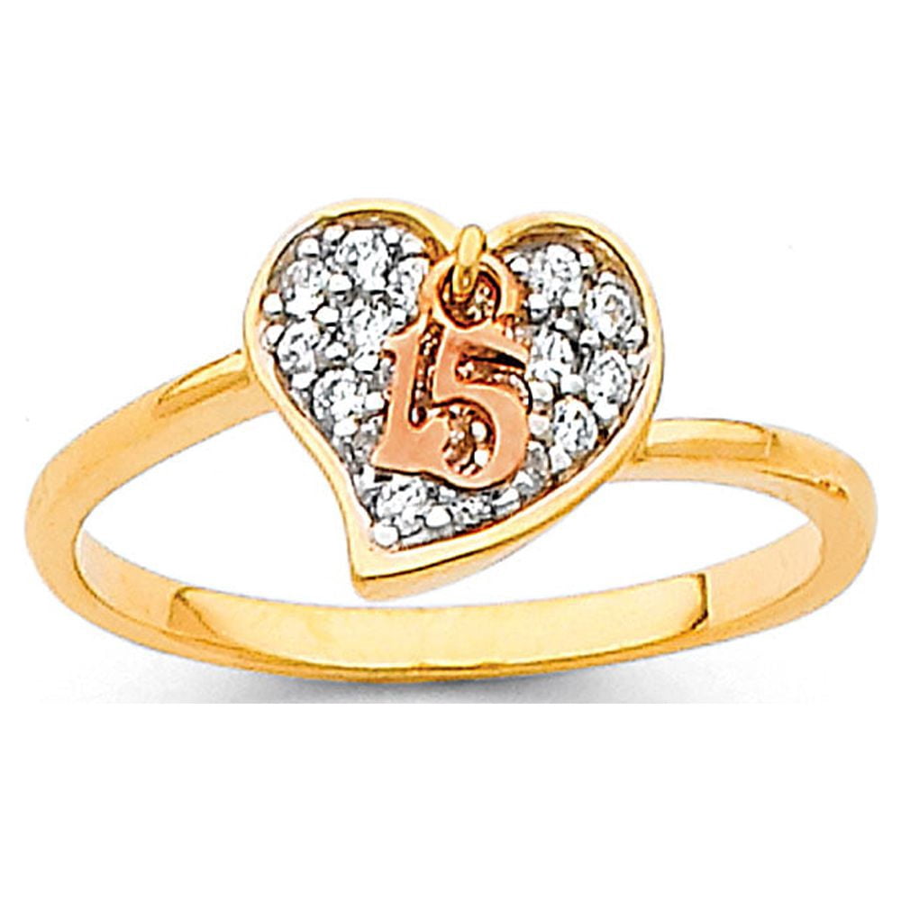 Heart 15 Quinceanera Ring Solid 14k Yellow Rose Gold CZ Quince Band 15 ...
