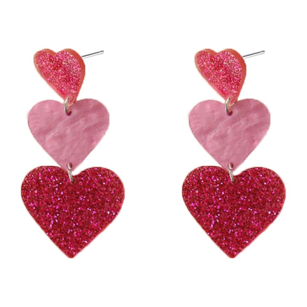 Heart Acrylic Dangle Hot Pink Earrings for Women Triple Hearts ...