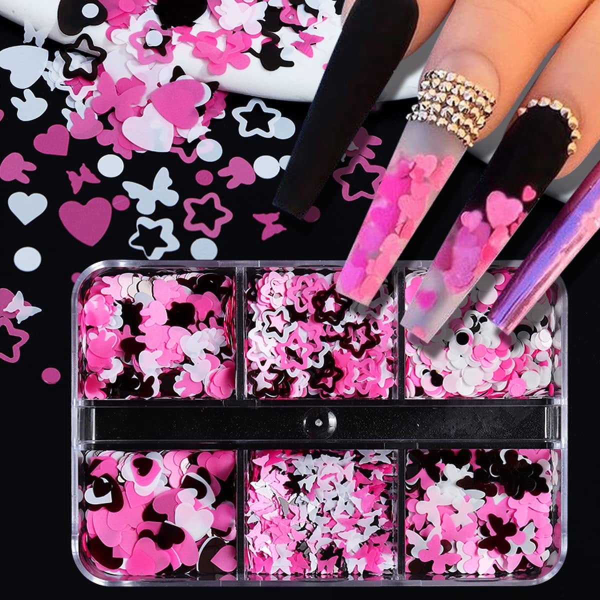 Heart Art Sequins 6 Grids Valentine’s Day Art Stickers 3D Black Pink ...