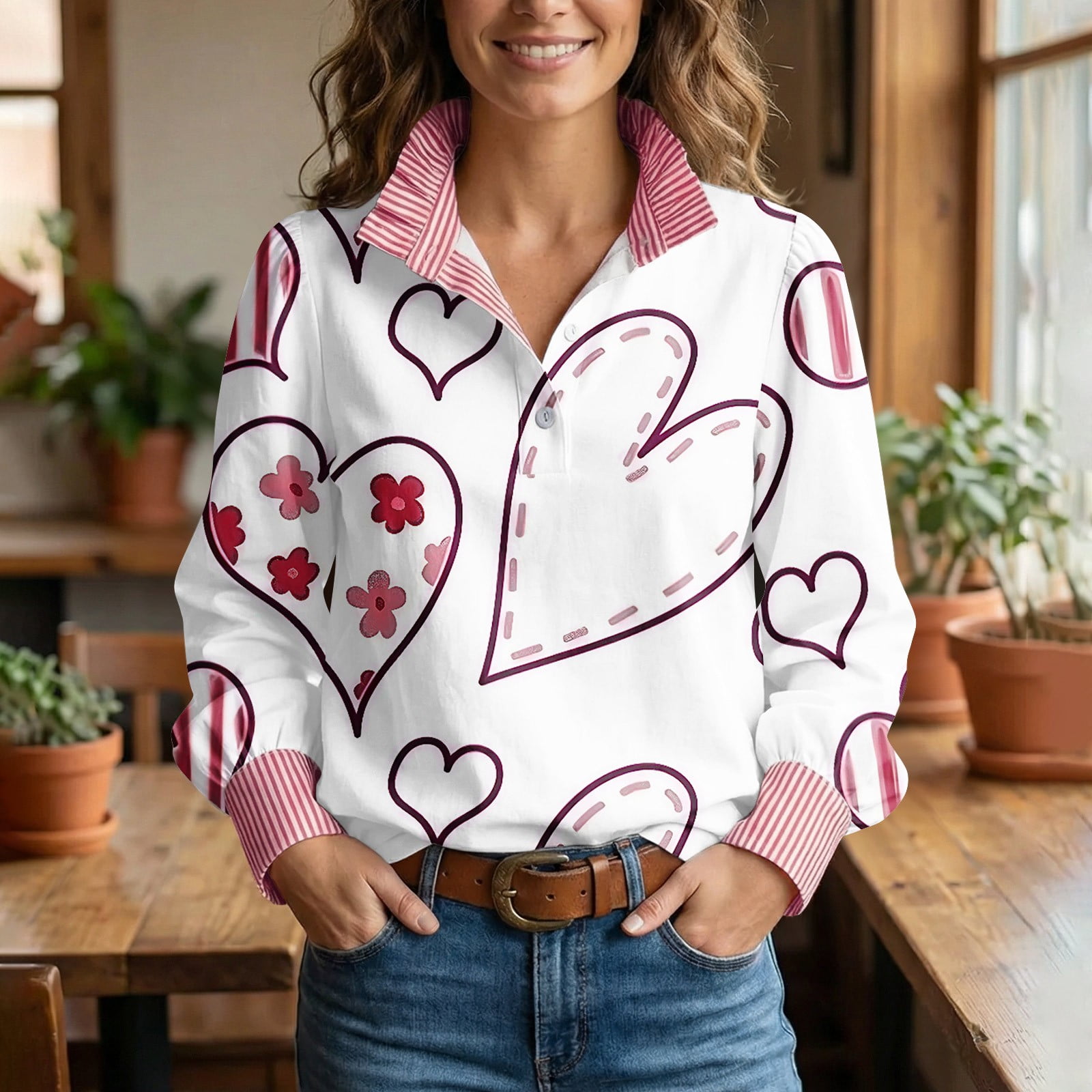 Heart Blouses for Women Valentine Dressy Cute Casual Long Sleeve Button ...