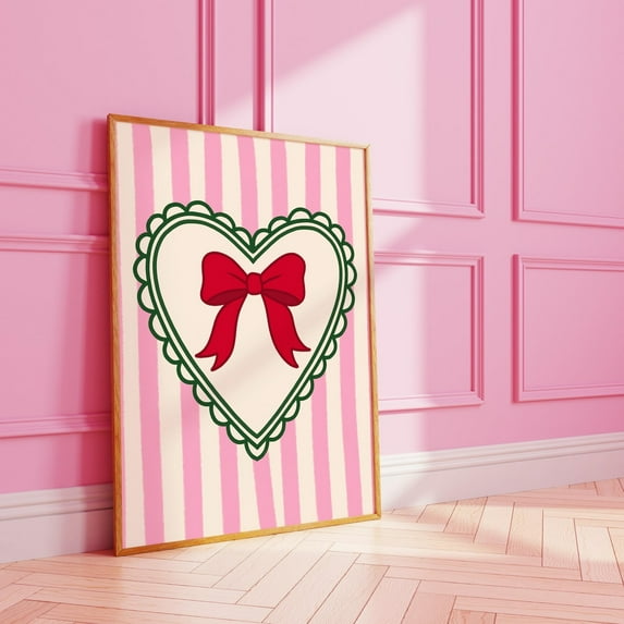 Heart Bow Print, Pink Winter Stripes Home Decor #12, Unframed Canvas ...