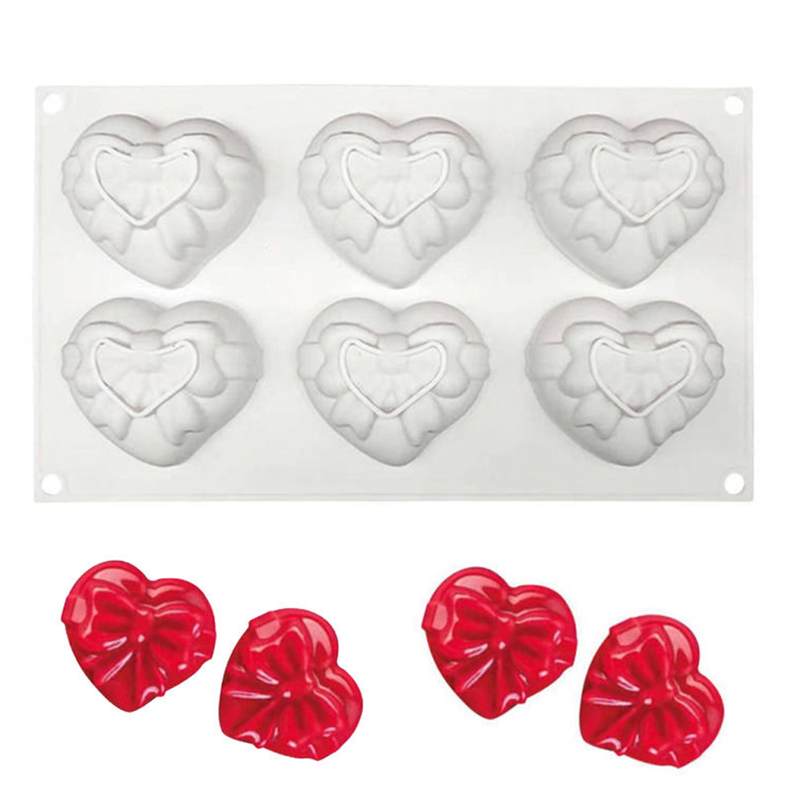 Heart Bow Silicone Baking Mold, 3D Bow Heart Silicone Cake Moulds, 6 ...