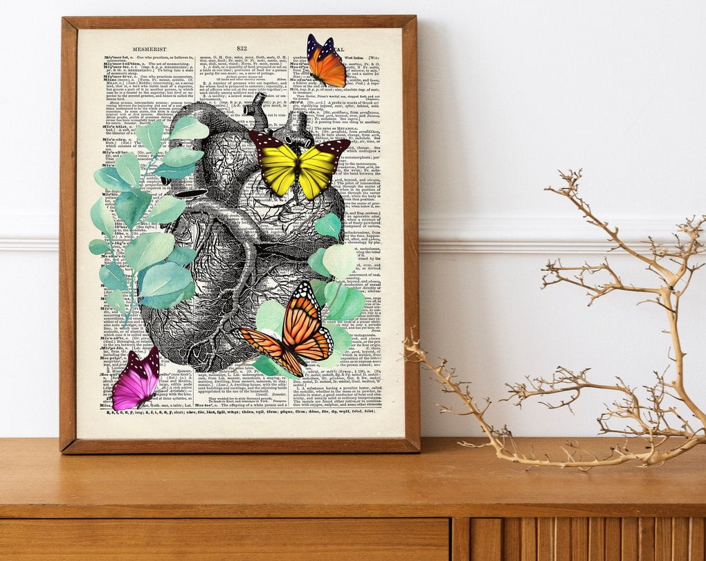 Heart And Butterflies Art, Anatomy Art, Dictionary Wall Decor, Organs ...