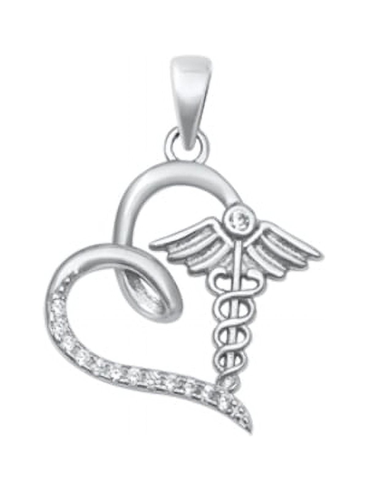 Heart Caduceus Pendant With CZ, Sterling Silver with Chain Necklace ...