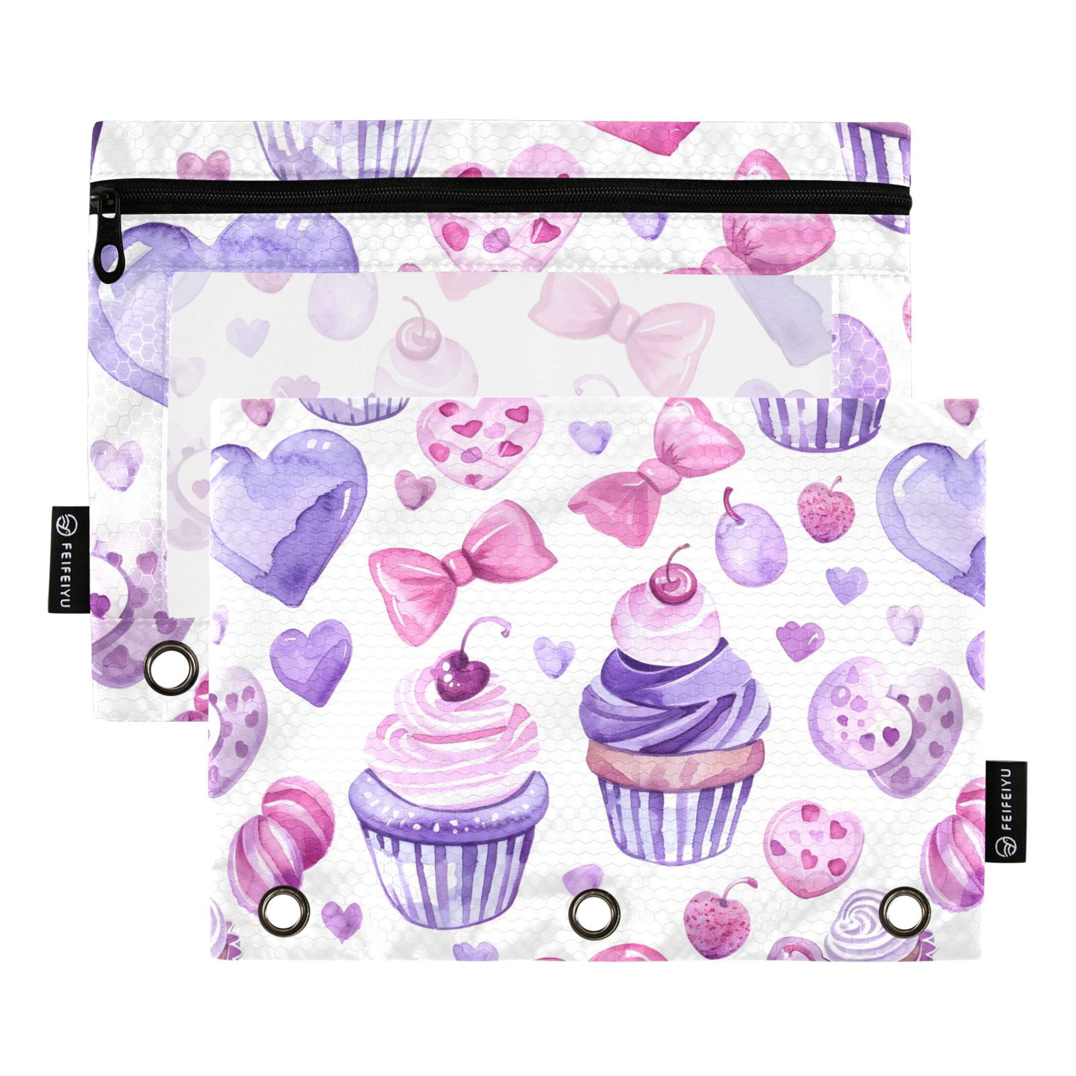 Heart Candy Cupcakes Bow 2 Pack Pencil Pouch for 3 Ring Binder Smooth ...