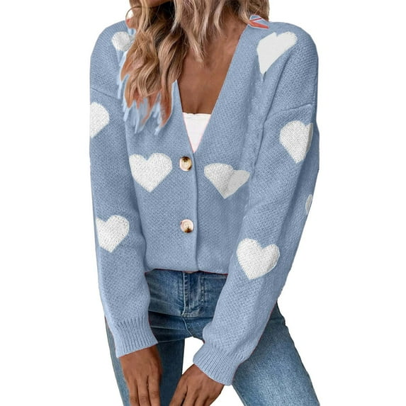 Heart Cardigan Sweater for Women Valentines Long Sleeve Button Open ...