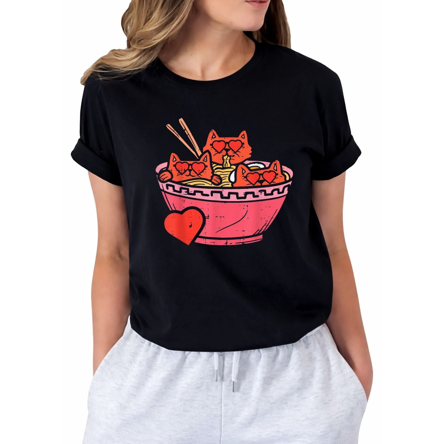 Heart Cats Ramen Noodles Cute Valentines Day Kitten Womens T-Shirt ...