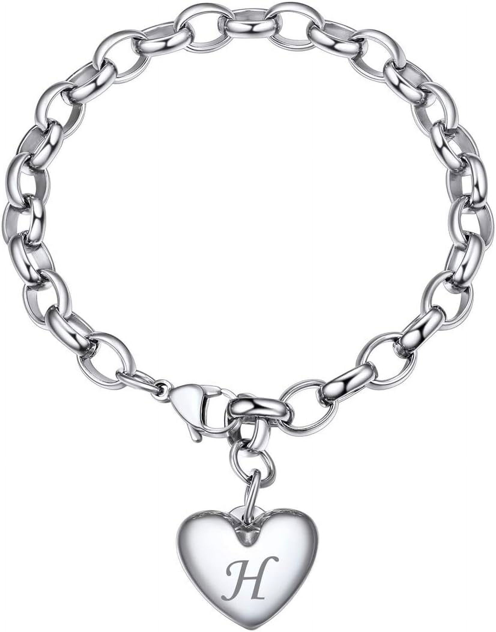 Heart Charm Bracelet Adjustable For Women, Stainless Steel Initial ...