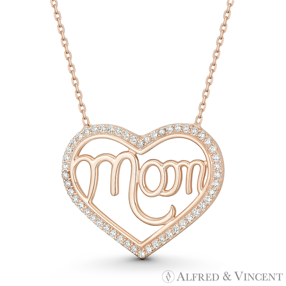 Heart Charm Cubic Zirconia CZ Crystal Pave & Stylized Script "Mom ...