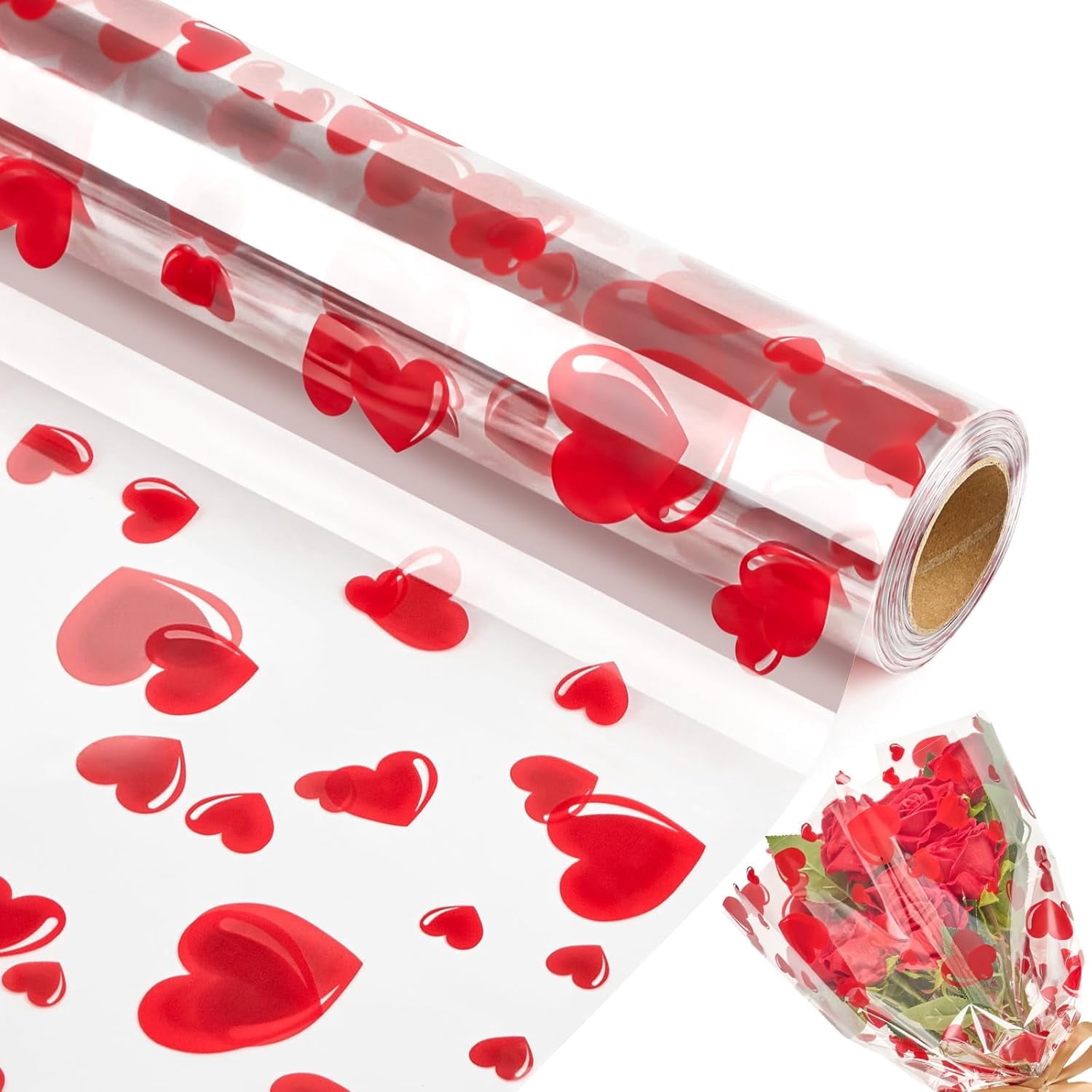 Heart Clear Cellophane Wrap Roll | 100’Ft. Long X 34”In. Extra Wide | 2 ...