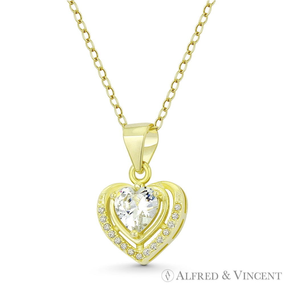 Heart Cubic Zirconia CZ Crystal Halo Pendant & Chain Necklace in .925 ...