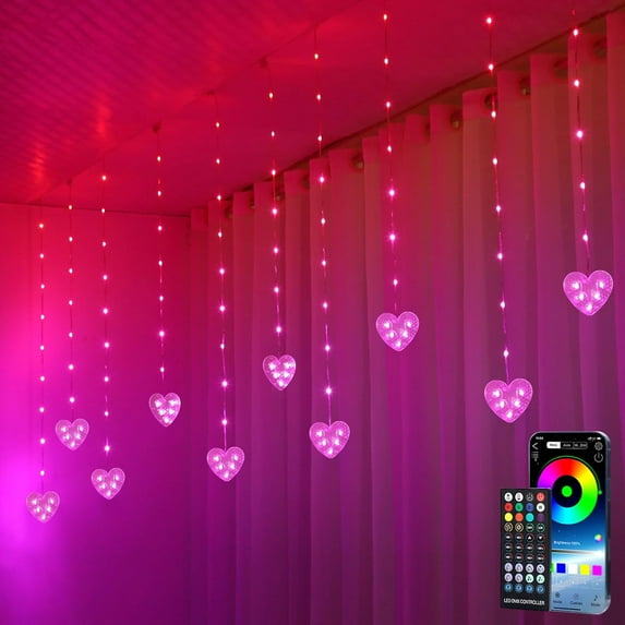 Heart Curtain Lights Valentines Day Decor, 10ft x 3.3ft RGB LED Color ...