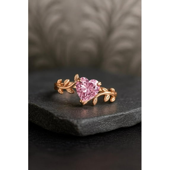 Heart Cut Pink Sapphire Leaf Ring Solitaire Ring with Elegant Botanical ...