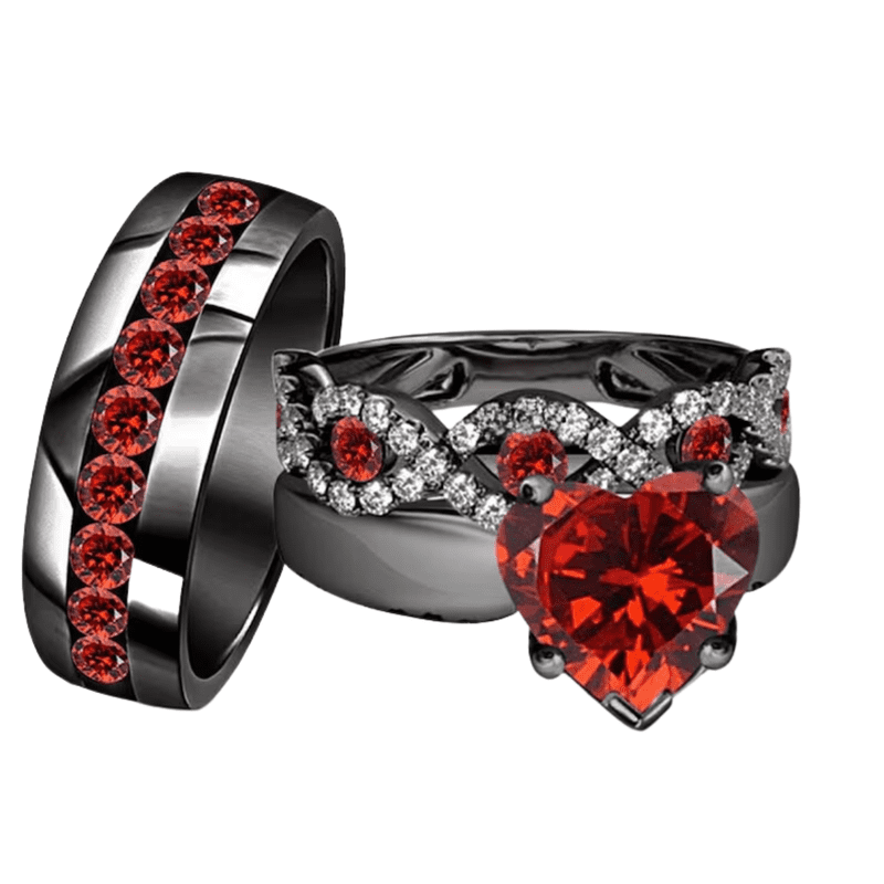 Heart Cut Red Garnet & White Diamond Trio Ring Set in 14k Black Vermeil ...