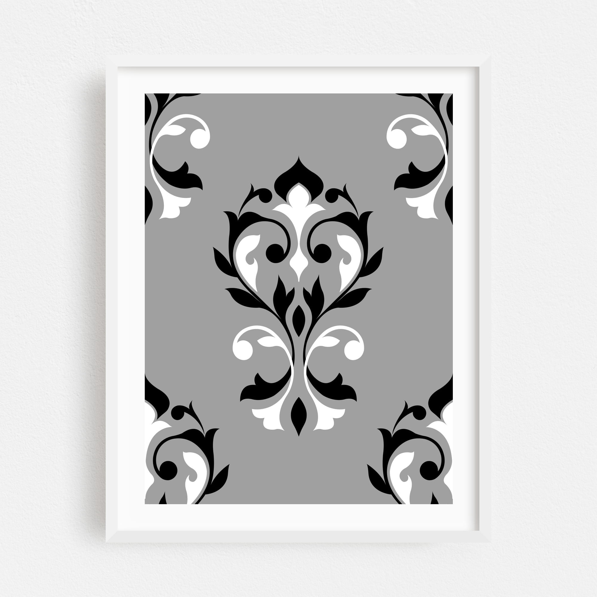 Heart Damask Black White Grey Pattern - Digital Art Floral Pattern Geometric Black and White ...