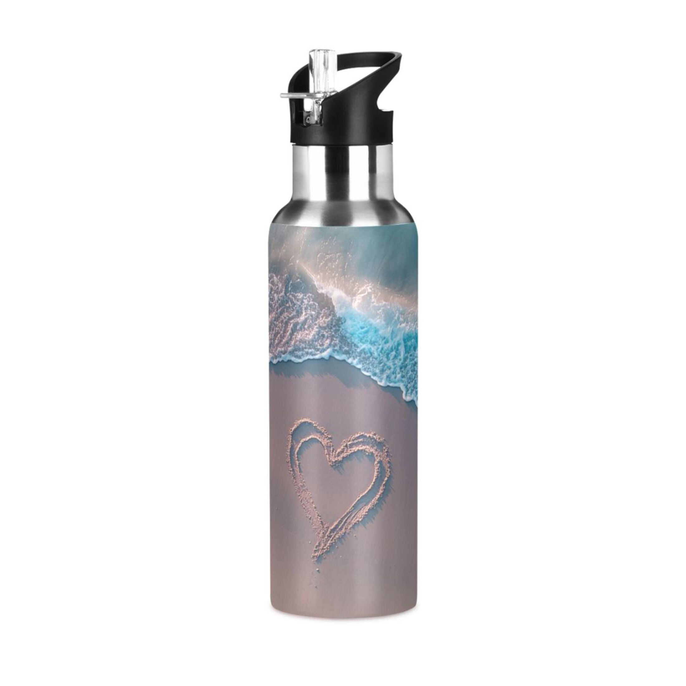 Heart Drawn Pattern on Beach Valentine Sports Bottle with Straw ...