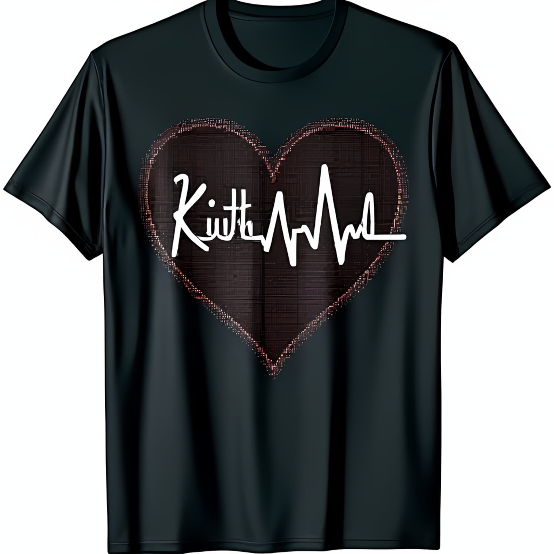 Heart EKG Line Black T-Shirt with Cursive 'With' & Pixelated Red ...