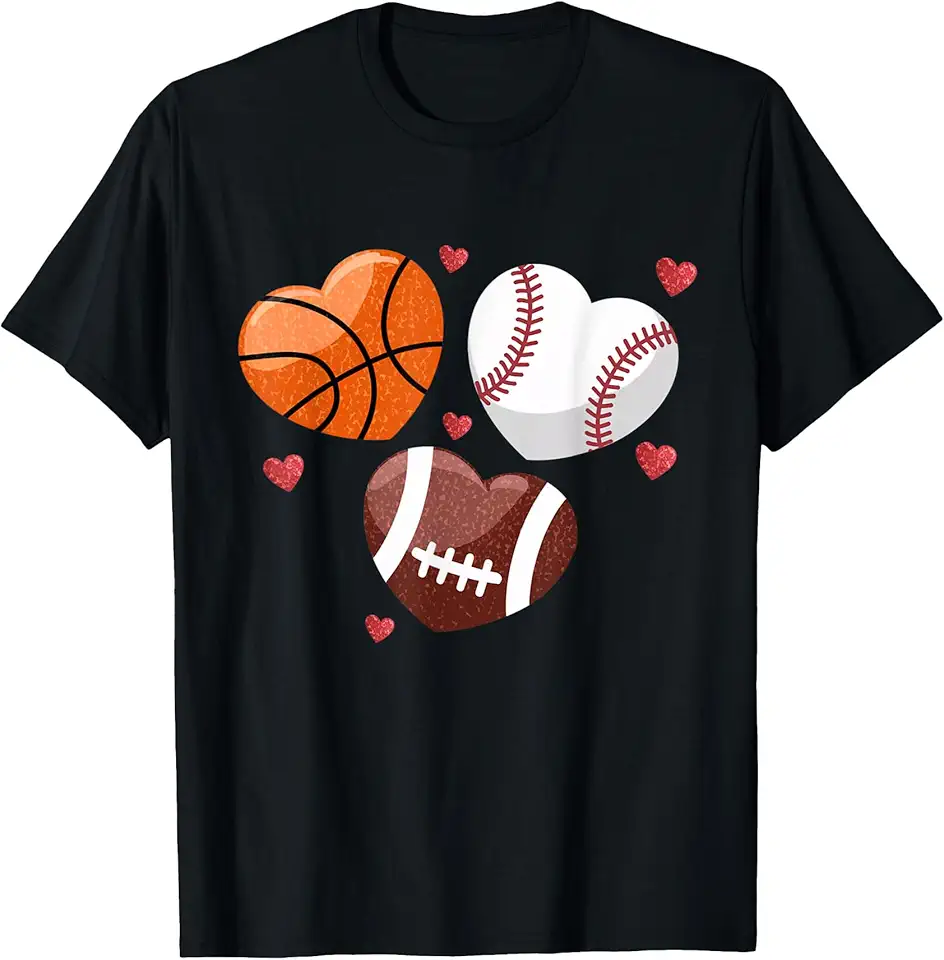 Heart Football Basketball Baseball Valentines Day Boys Mens T-Shirt ...