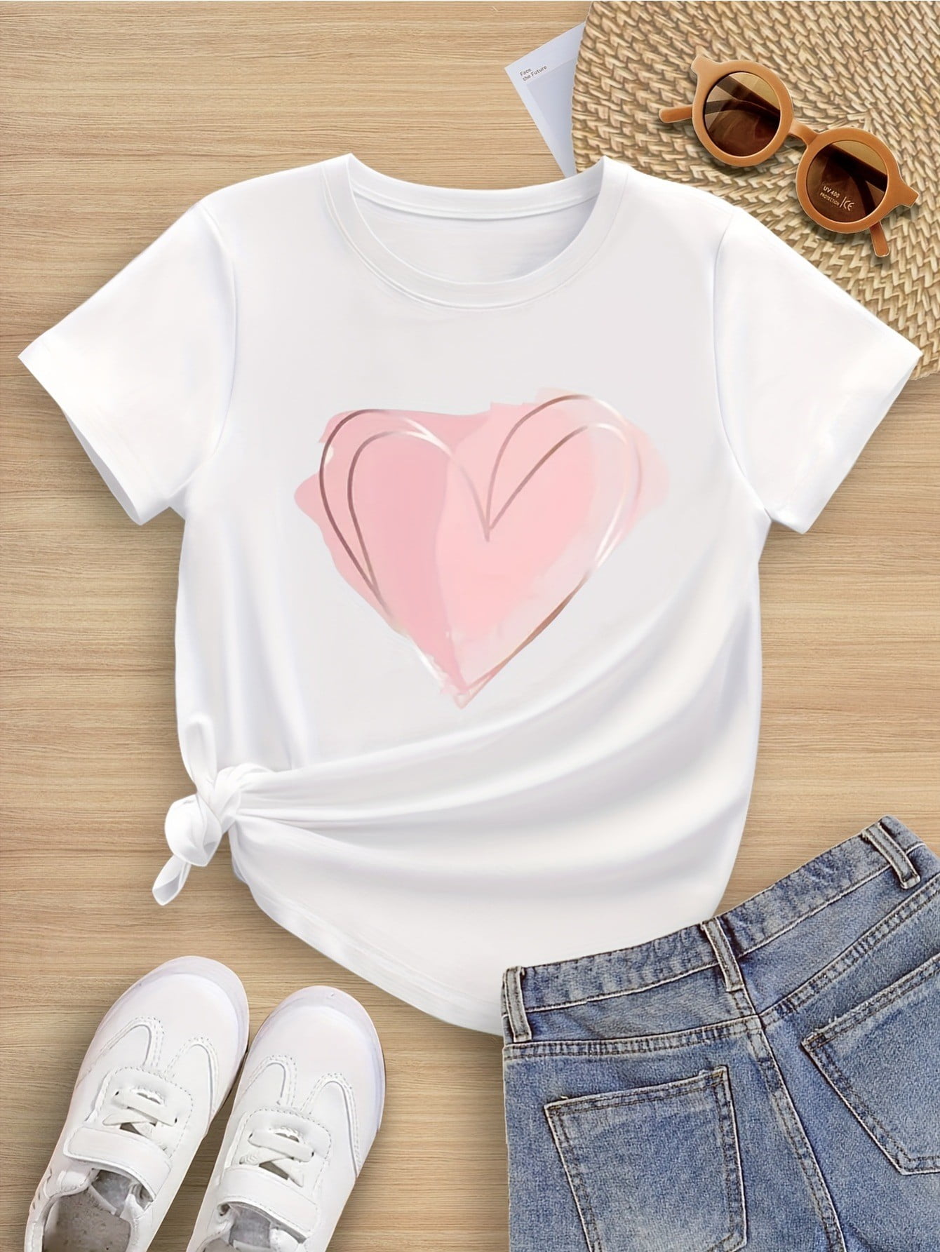 Heart Graphic Print Creative T-Shirts, Soft & Elastic Comfy Crew Neck ...