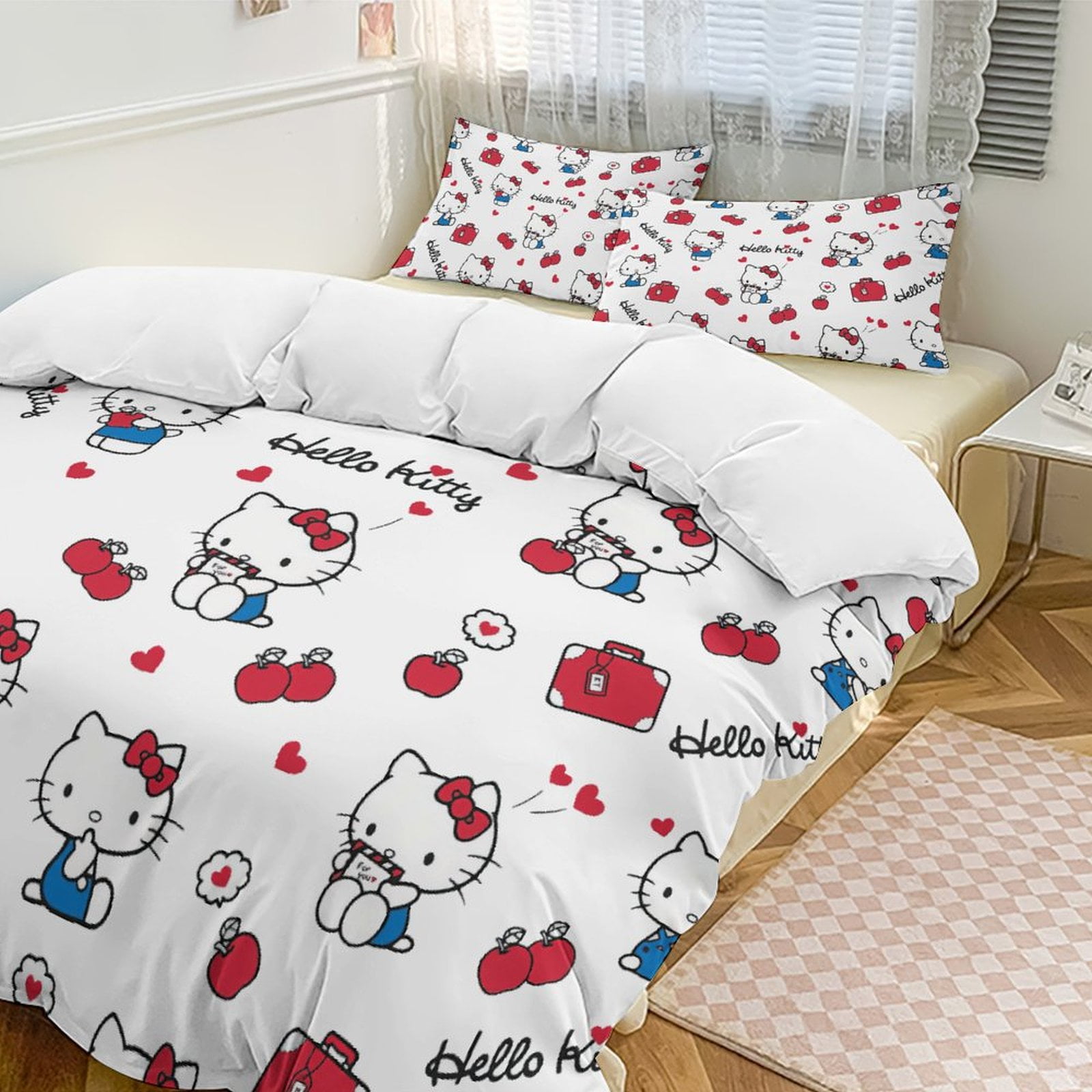 Heart Hello Kitty Comforter Set Soft 3 Pcs Queen Bedding Sets Thicken ...