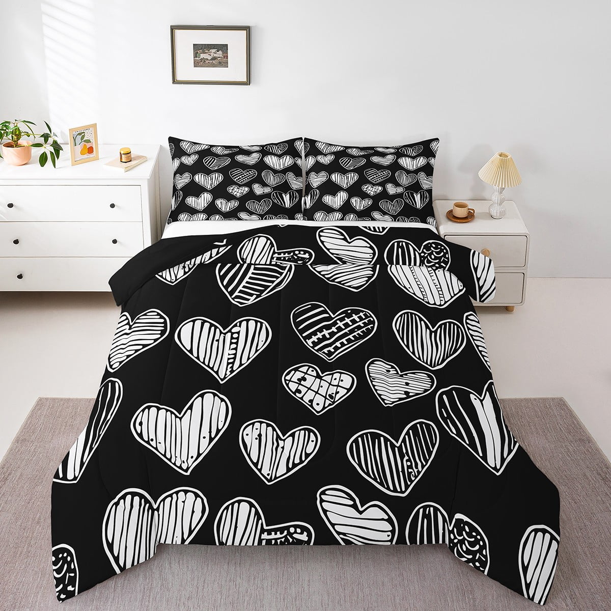 Heart King Down Comforter Black Love Heart Bedding Sets,Geometric Line ...
