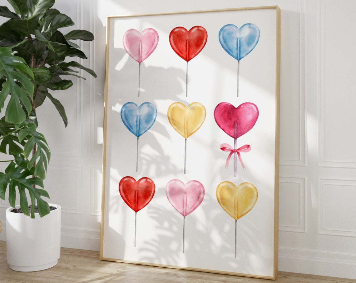 Heart Lollipop Print, Pink Bow Print, Cute Valentine'S Decor, Preppy ...