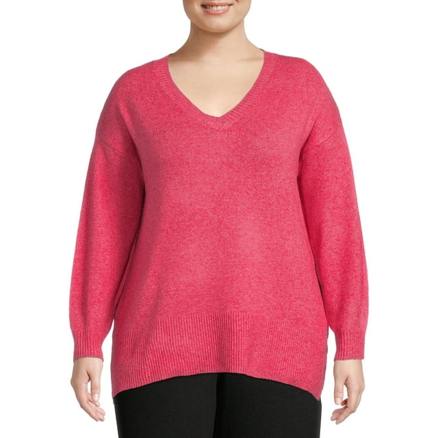 Heart N' Crush Women's Plus Size V Neck Dropped Shoulder Sweater with Metallic Trim - Walmart.com