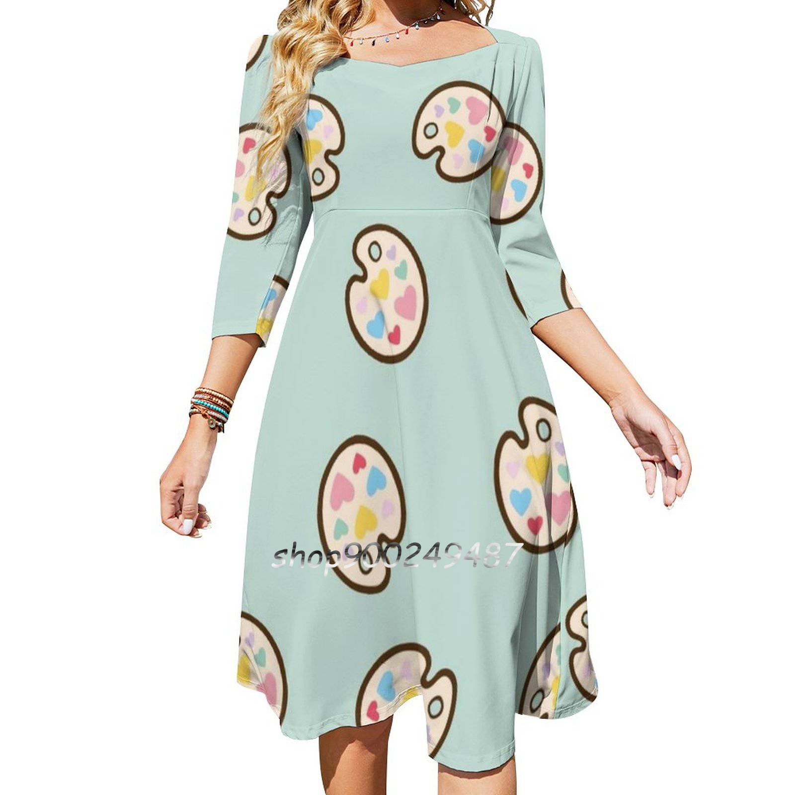 Heart Paint Palette Pattern On Mint Square Neck Dress Cute Loose Print ...