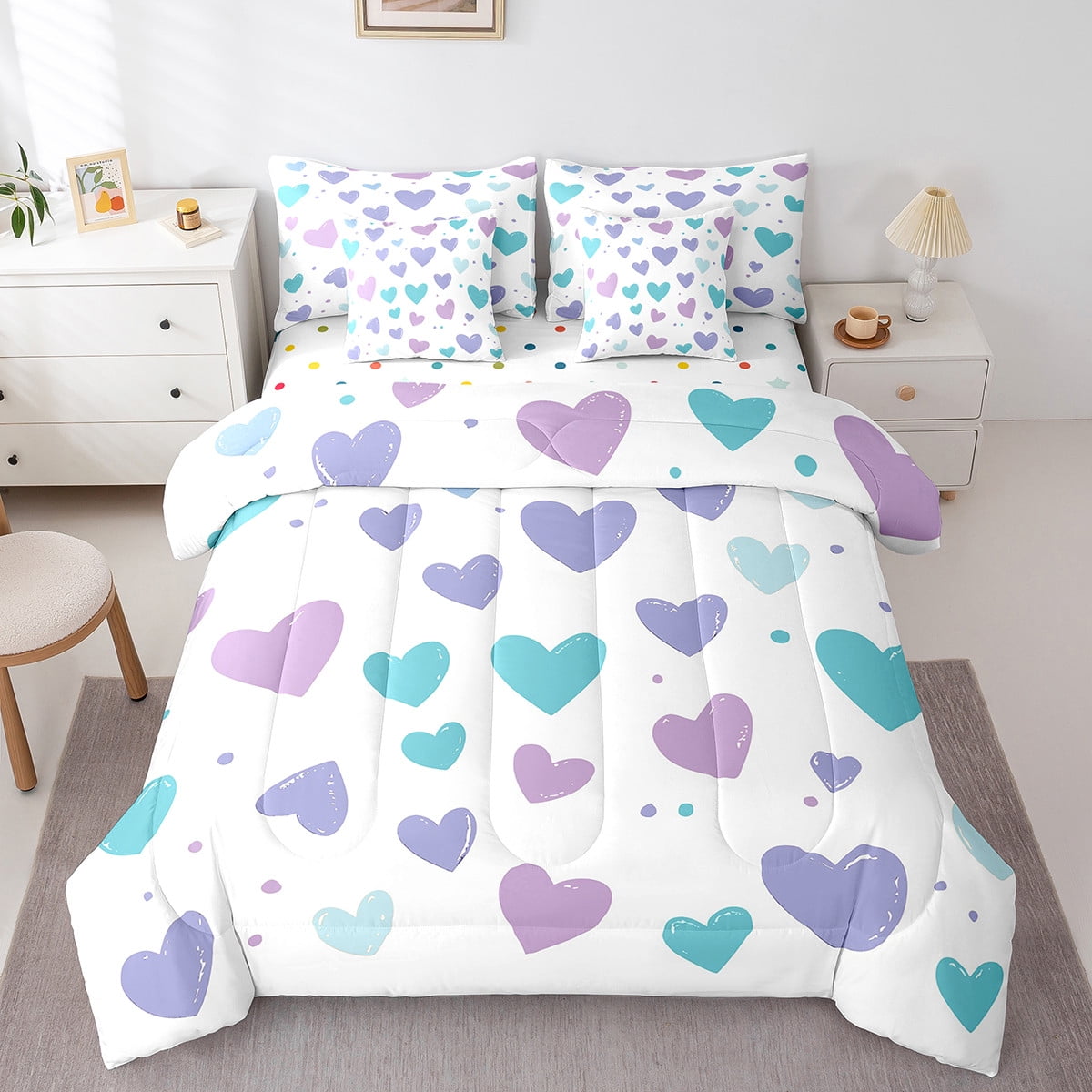 Heart Pattern Comforter Set Full Teal Purple Love Hearts Bed In A Bag 7 ...