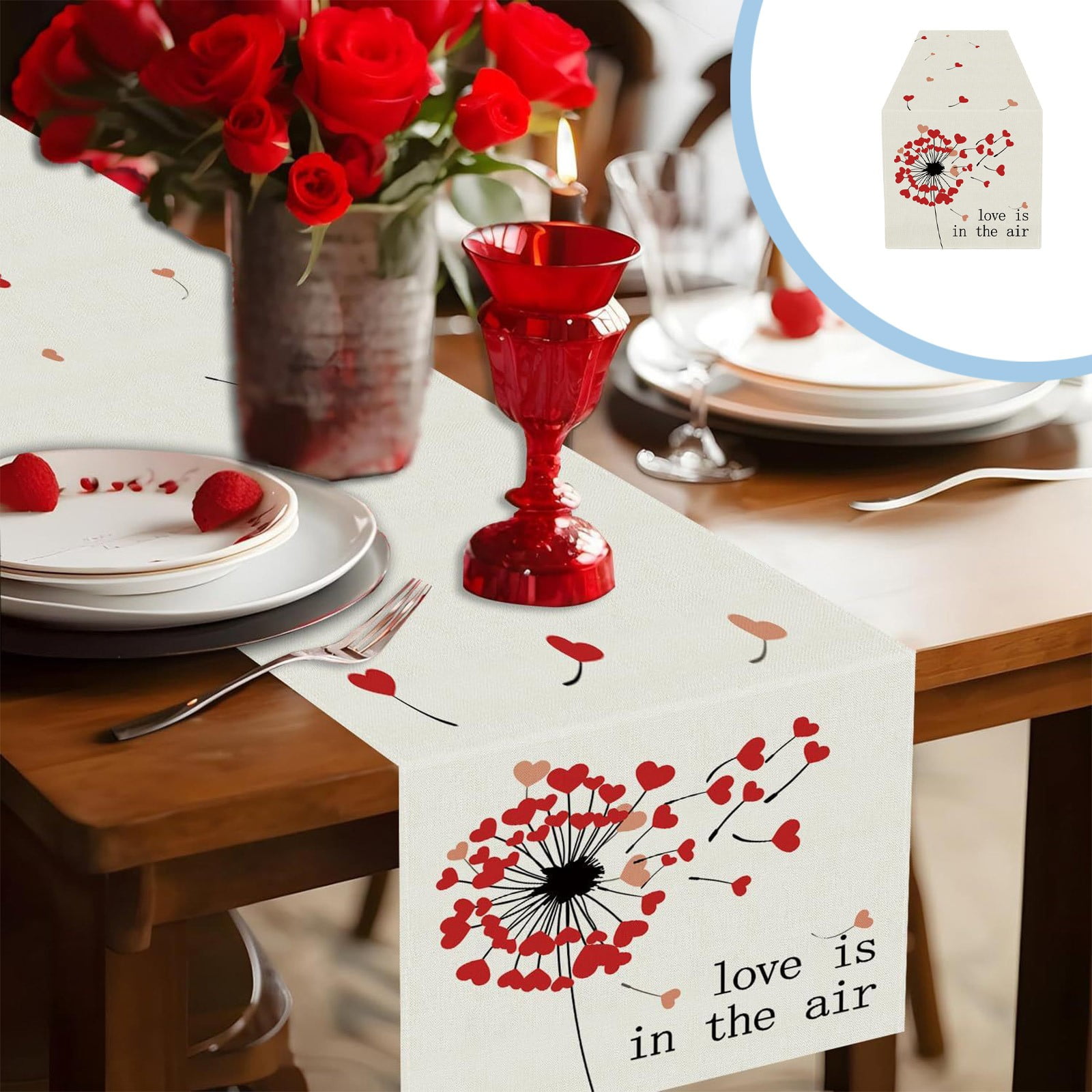 Heart Pattern Table Runner, Flax Fabric Table Scarf for Valentine's Day ...