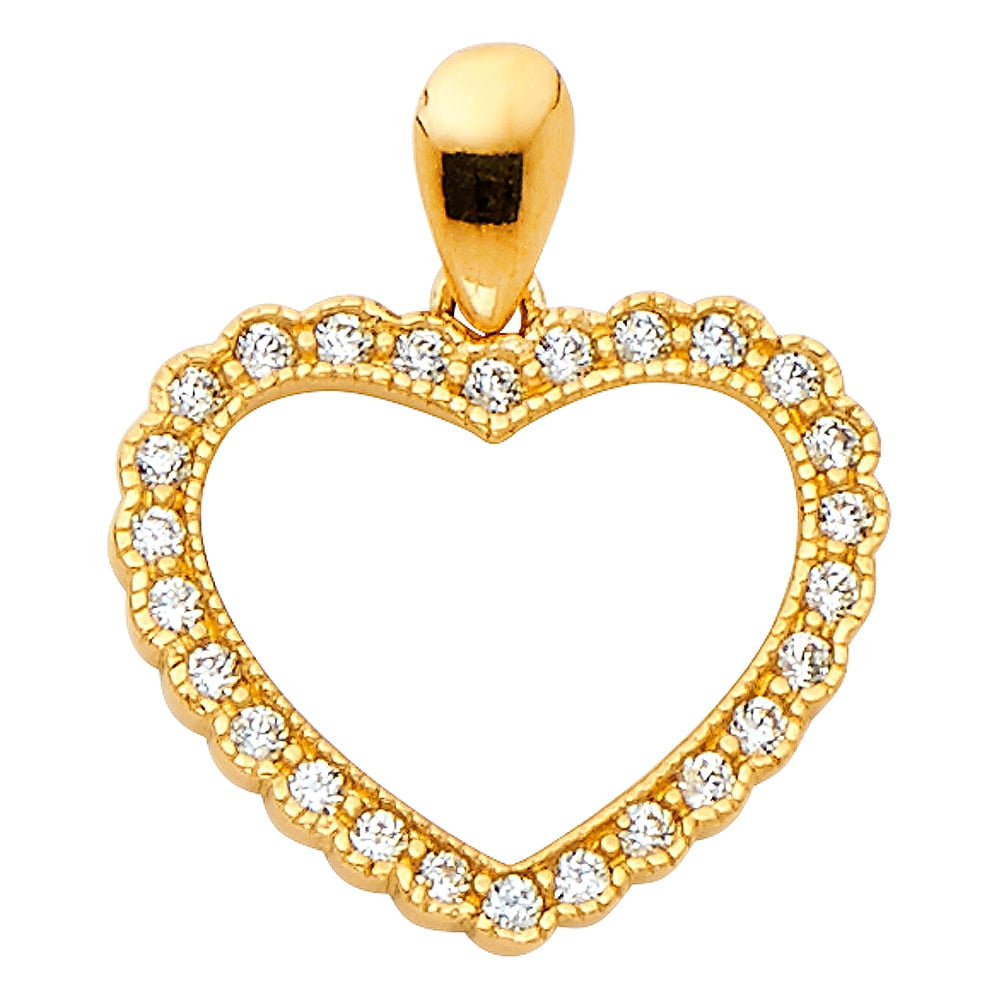 Heart Pendant CZ Solid 14k Yellow Gold Love Charm Beaded Open Design ...