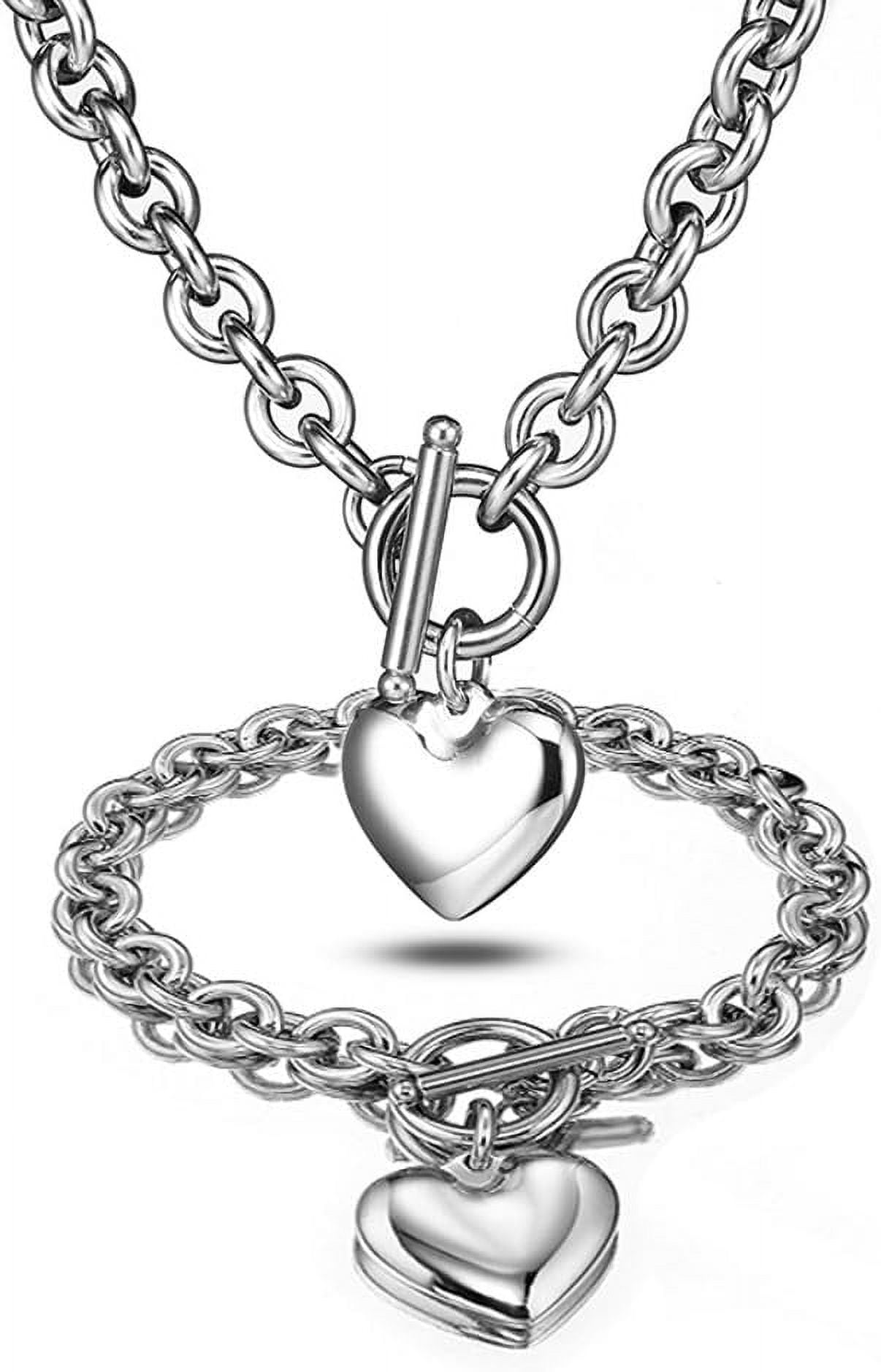 Heart Pendant Necklace and Bracelet Chain Stainless Steel Silver Drop ...