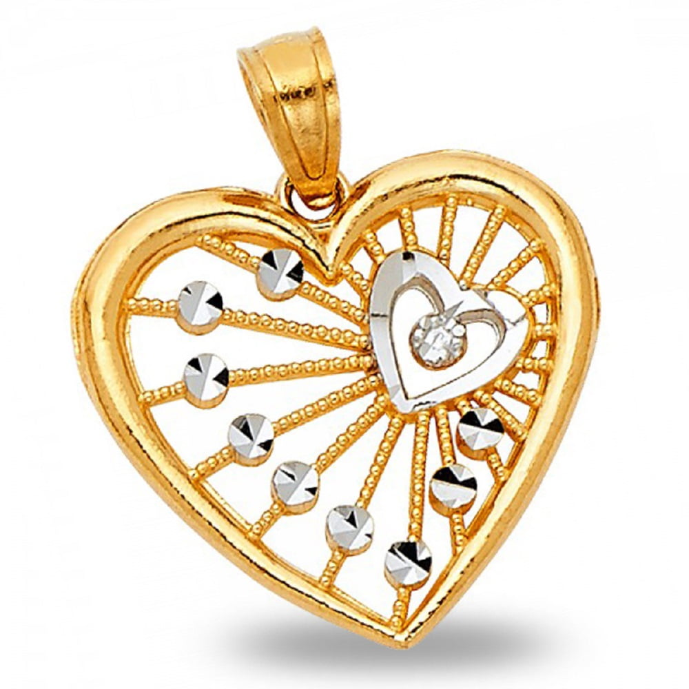 Heart Pendant Solid 14k Yellow White Gold Love Charm Filigree Two Tone ...