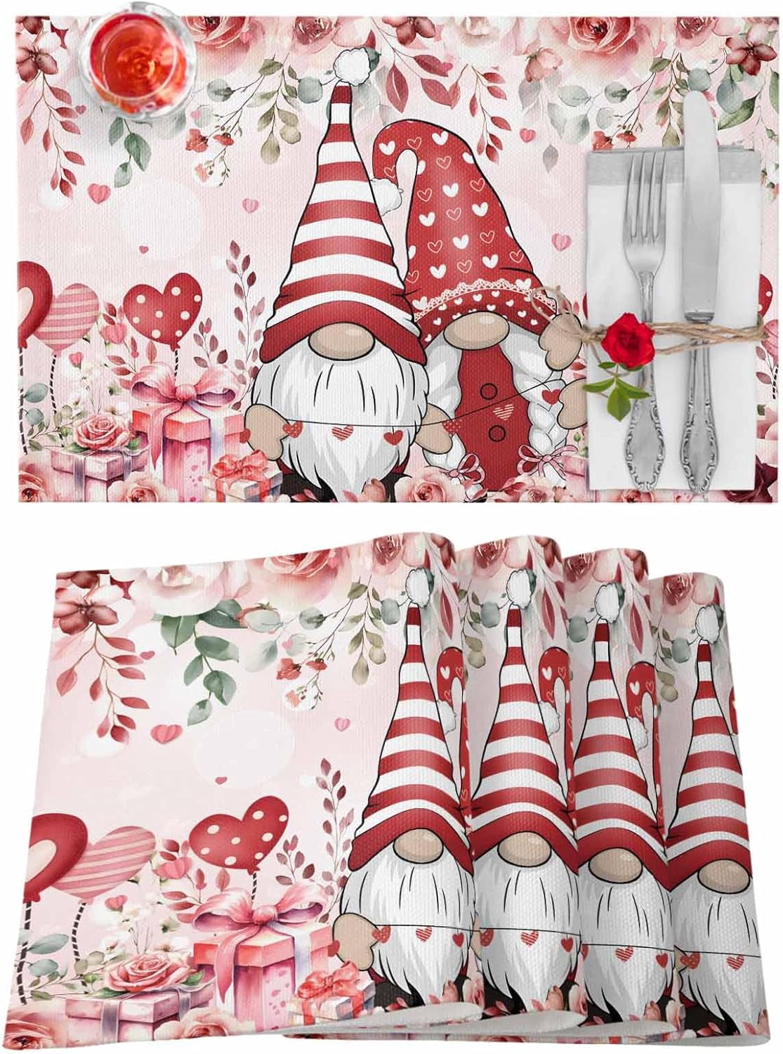 Heart Pink Rose Valentines Day Placemats Set of 4 Gnome Couple Table ...