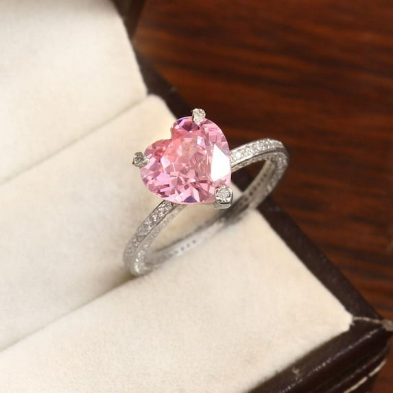 Heart Pink Sapphire Engagement Ring Vintage Diamond Ring 925 Silver ...