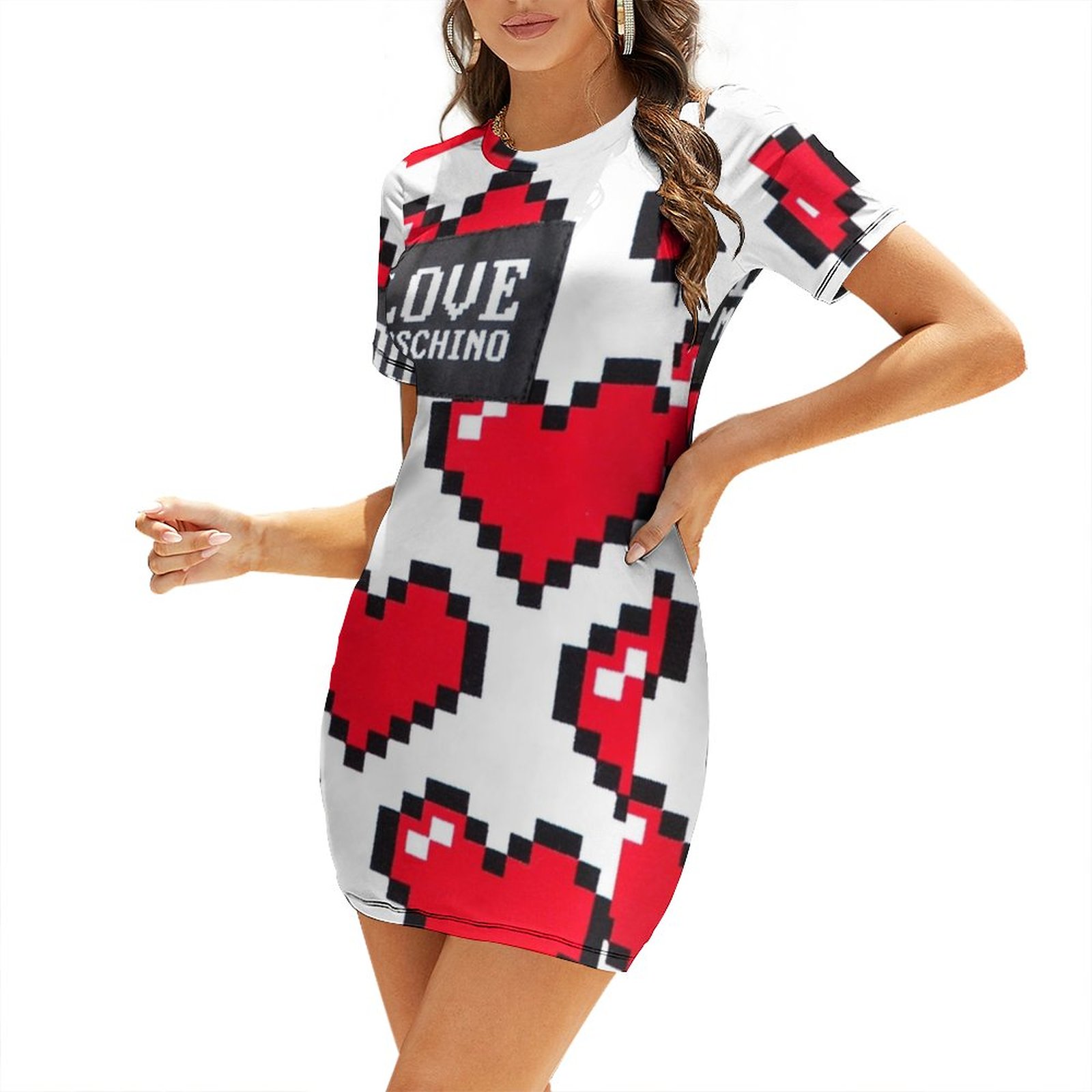 Heart Pixel Sweet Elegant Dress Women Korean Kawaii Square Collar Dress ...